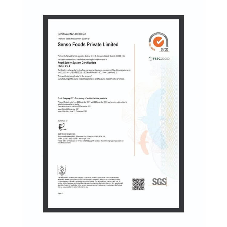 Certification - Senso Foods Pvt Ltd